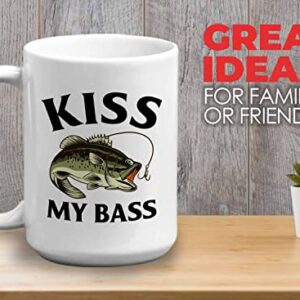 Fishing Coffee Mug 15oz White - Fisher, Retirement Dad - Fishing, Fish Lover, Hook, Bait, Reel, Rod, Spooling, Outdoor Hobby (Kiss Bass)