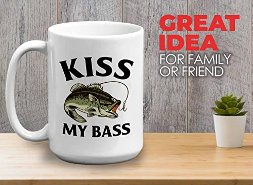 Fishing Coffee Mug 15oz White - Fisher, Retirement Dad - Fishing, Fish Lover, Hook, Bait, Reel, Rod, Spooling, Outdoor Hobby (Kiss Bass)