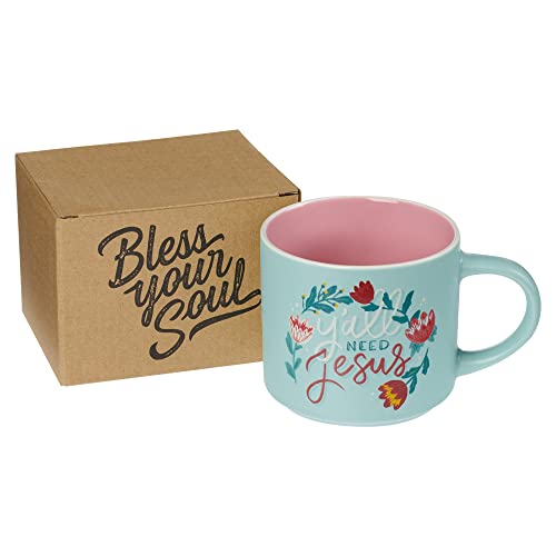 Bless Your Soul Large Blue Coffee Mug Y'all Need Jesus, Funny Birthday Gifts for Women/Men, Co-worker, Retro-Inspired Designs - 18oz Cup