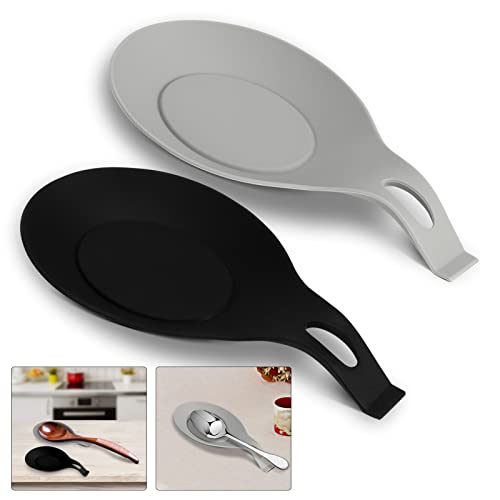 2Pcs Silicone Spoon Rest for Kitchen Counter, Heat-Resistant Cooking Spoon Holder for Stove Top, Multi-use Utensil Rest for Spatulas Tongs Ladles Whisks Spoons Forks (Black + Gray)