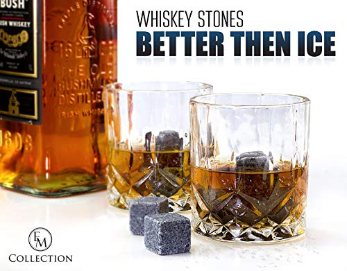 EMcollection's Crystal Whiskey Glasses Set of 2 | Old-Fashioned Style | 8 Whiskey Stones Gift Set | Coasters & Velvet Bag | All in a Brown Cool Wooden Box | for Him, Men's Gift, Boss, Whisky Lovers