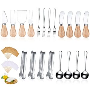 charcuterie board accessories spreader knife set cheese butter spreader knife charcuterie utensils with wooden handles mini serving tongs spoons forks for party wedding christmas (silver, 20 pieces)