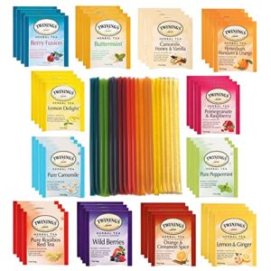 twinings tea sampler set 12 flavors assortment 48 assorted tea bags with 20 honey sticks for tea, straws and naturally caffeine free herbal tea set…