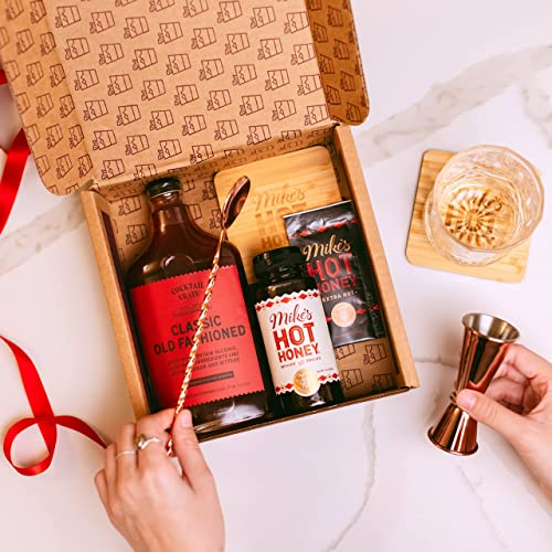 Mike's Hot Honey Cocktail Gift Set - Old Fashioned Cocktail Kit with Rose Gold Cocktail Jigger and Bar Spoon, Classic Old Fashioned Cocktail Mix, Mikes Hot Honey, 2 Coasters & Recipe Book