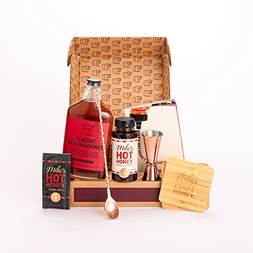 Mike's Hot Honey Cocktail Gift Set - Old Fashioned Cocktail Kit with Rose Gold Cocktail Jigger and Bar Spoon, Classic Old Fashioned Cocktail Mix, Mikes Hot Honey, 2 Coasters & Recipe Book