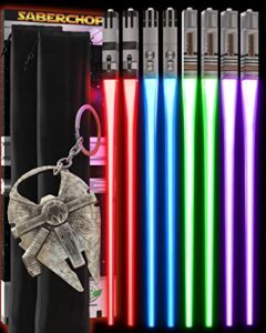 lightsaber chopsticks light up star wars chopstick led glowing light saber chop sticks reusable sushi sabers cool fun geeky starwars chop stick set 4 pairs free keychain bottle opener & pouch gift box