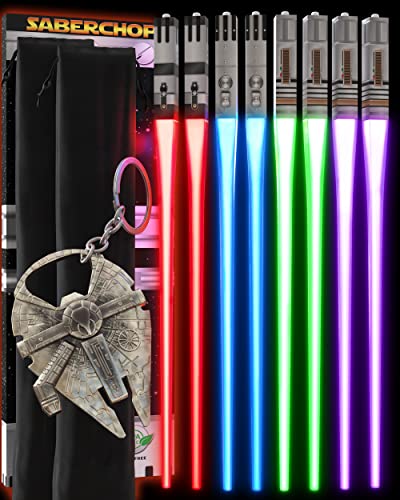 LIGHTSABER CHOPSTICKS LIGHT UP STAR WARS CHOPSTICK LED Glowing Light Saber Chop Sticks REUSABLE Sushi Sabers Cool Fun Geeky STARWARS Chop Stick Set 4 PAIRS FREE Keychain Bottle Opener & Pouch Gift Box