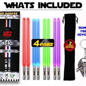 LIGHTSABER CHOPSTICKS LIGHT UP STAR WARS CHOPSTICK LED Glowing Light Saber Chop Sticks REUSABLE Sushi Sabers Cool Fun Geeky STARWARS Chop Stick Set 4 PAIRS FREE Keychain Bottle Opener & Pouch Gift Box