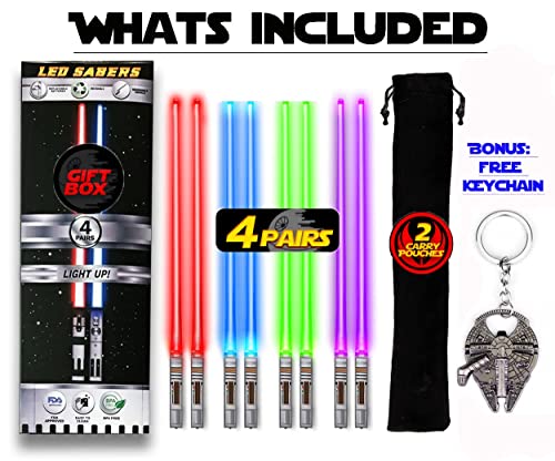 LIGHTSABER CHOPSTICKS LIGHT UP STAR WARS CHOPSTICK LED Glowing Light Saber Chop Sticks REUSABLE Sushi Sabers Cool Fun Geeky STARWARS Chop Stick Set 4 PAIRS FREE Keychain Bottle Opener & Pouch Gift Box