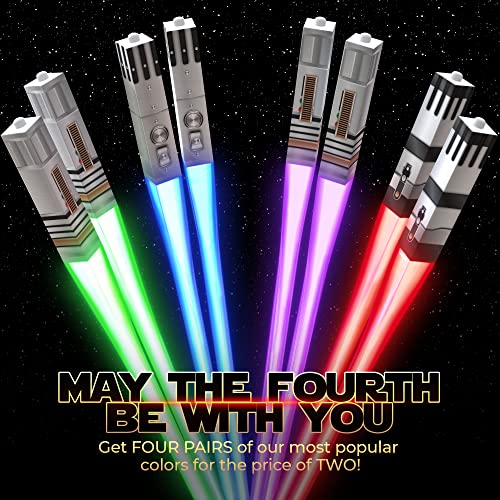 LIGHTSABER CHOPSTICKS LIGHT UP STAR WARS CHOPSTICK LED Glowing Light Saber Chop Sticks REUSABLE Sushi Sabers Cool Fun Geeky STARWARS Chop Stick Set 4 PAIRS FREE Keychain Bottle Opener & Pouch Gift Box