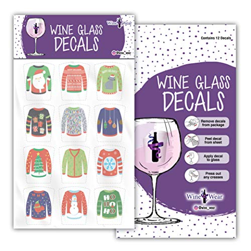 Drink Markers - Holiday Static Cling Glass Stickers - Reusable Wine Clings - Funny Christmas Ugly Sweater (Vinyl, Set of 12)