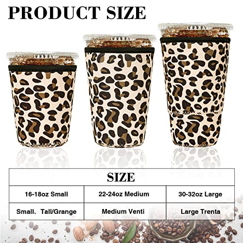 Kiatoras 3 Pack Reusable Iced Coffee Sleeve Neoprene Insulator Sleeve for Iced Coffee Cups or Cold Beverages Cups (Leopard)