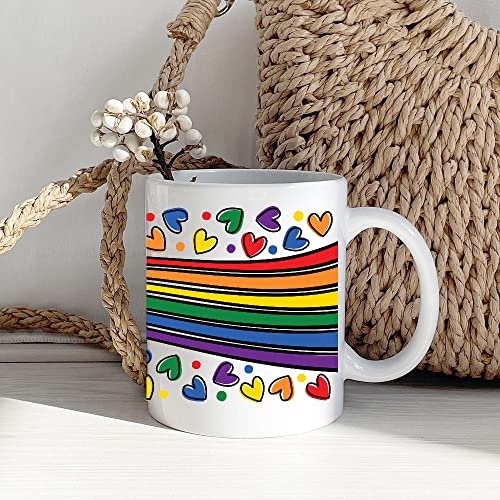 Rainbow and Hearts Gay Pride Coffee Mug LGBT Rainbow Gay & Lesbian Pride Mug Pansexual Gifts Transgender Beer Mug Gift For Gay Pride Birthday Christmas 11 oz or 15 oz