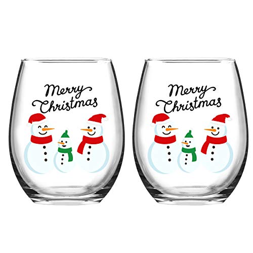 Futtumy Christmas Gift, Merry Christmas Snowmen Stemless Wine Glass for Men Women Dad Mom Friend Family, Funny 15oz Wine Glass for Christmas, Set of 2