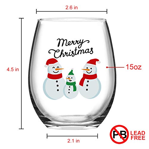 Futtumy Christmas Gift, Merry Christmas Snowmen Stemless Wine Glass for Men Women Dad Mom Friend Family, Funny 15oz Wine Glass for Christmas, Set of 2