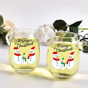 Futtumy Christmas Gift, Merry Christmas Snowmen Stemless Wine Glass for Men Women Dad Mom Friend Family, Funny 15oz Wine Glass for Christmas, Set of 2