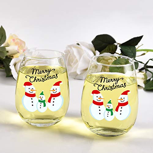 Futtumy Christmas Gift, Merry Christmas Snowmen Stemless Wine Glass for Men Women Dad Mom Friend Family, Funny 15oz Wine Glass for Christmas, Set of 2