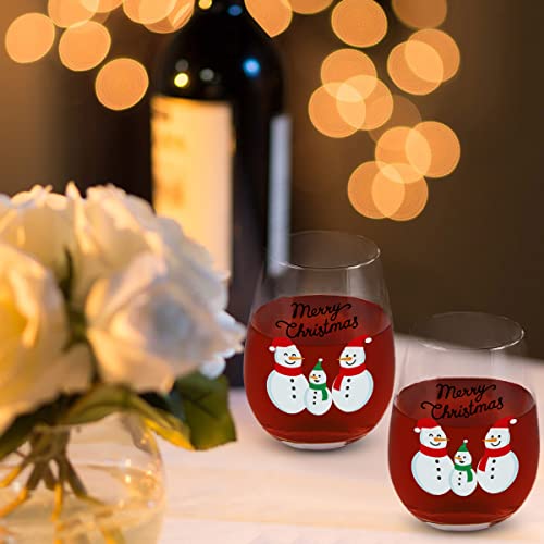 Futtumy Christmas Gift, Merry Christmas Snowmen Stemless Wine Glass for Men Women Dad Mom Friend Family, Funny 15oz Wine Glass for Christmas, Set of 2