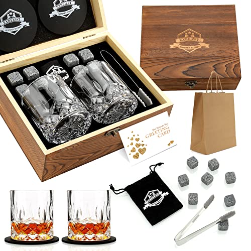 Whiskey Stones Gift Set - Whiskey Glass Set of 2 - Granite Chilling Whiskey Rocks - Scotch Bourbon Whiskey Glass Gift Box Set - Best Drinking Gifts for Men Dad Husband Birthday Party Holiday Present