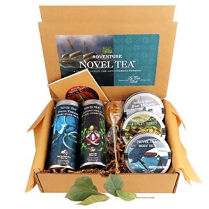 noveltea literary tea gift basket by la tea dah | 5 gourmet teas, honey stirrer, & journal | bookish gifts for writers and readers | book tea gift set | perfect for stocking stuffers & book clubs