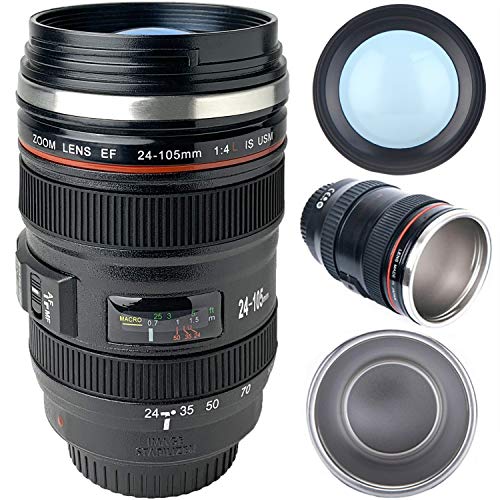 Tmango Camera Lens Coffee Mug With Lid, Photo Coffee Cup, Stainless Steel Thermos Lens Mug Leak Proof, Great Gifts for Photographers Men and Women