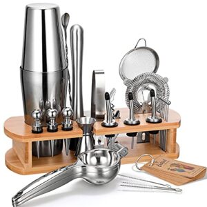 24-piece cocktail shaker bartender kit with stand, boston shaker, mixing spoon, muddler, measuring jigger, lemon squeez, tongs, corkscrew, liquor pourers and more professional bar tools