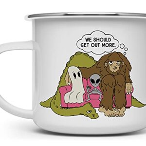 Funny Bigfoot Sasquatch Alien Ghost Loch Ness Monster Enamel Campfire Mug, Paranormal Cryptid Cryptozoology Gift, Outdoor Camping Coffee Cup (16oz)