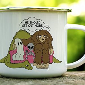 Funny Bigfoot Sasquatch Alien Ghost Loch Ness Monster Enamel Campfire Mug, Paranormal Cryptid Cryptozoology Gift, Outdoor Camping Coffee Cup (16oz)