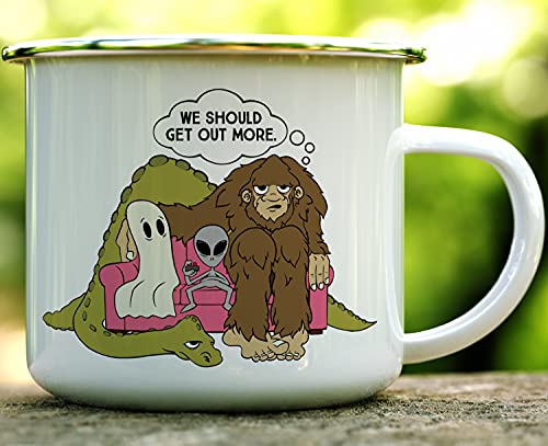 Funny Bigfoot Sasquatch Alien Ghost Loch Ness Monster Enamel Campfire Mug, Paranormal Cryptid Cryptozoology Gift, Outdoor Camping Coffee Cup (16oz)