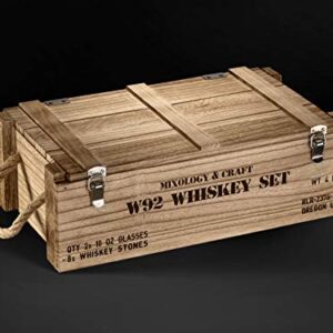 Whiskey Stones Gift Set for Men | Whiskey Glass and Stones Set with Wooden Army Crate, 8 Granite Whiskey Rocks Chilling Stones and 10oz Whiskey Glasses | Whiskey Gift for Men, Dad, Husband, Boyfriend