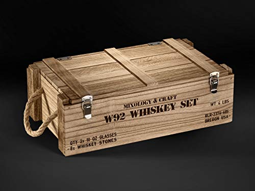 Whiskey Stones Gift Set for Men | Whiskey Glass and Stones Set with Wooden Army Crate, 8 Granite Whiskey Rocks Chilling Stones and 10oz Whiskey Glasses | Whiskey Gift for Men, Dad, Husband, Boyfriend