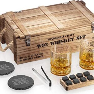 Whiskey Stones Gift Set for Men | Whiskey Glass and Stones Set with Wooden Army Crate, 8 Granite Whiskey Rocks Chilling Stones and 10oz Whiskey Glasses | Whiskey Gift for Men, Dad, Husband, Boyfriend