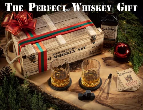 Whiskey Stones Gift Set for Men | Whiskey Glass and Stones Set with Wooden Army Crate, 8 Granite Whiskey Rocks Chilling Stones and 10oz Whiskey Glasses | Whiskey Gift for Men, Dad, Husband, Boyfriend