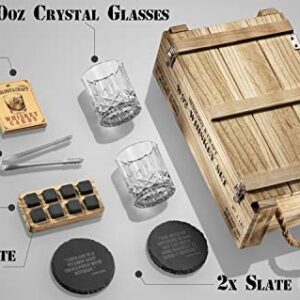 Whiskey Stones Gift Set for Men | Whiskey Glass and Stones Set with Wooden Army Crate, 8 Granite Whiskey Rocks Chilling Stones and 10oz Whiskey Glasses | Whiskey Gift for Men, Dad, Husband, Boyfriend