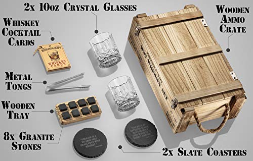 Whiskey Stones Gift Set for Men | Whiskey Glass and Stones Set with Wooden Army Crate, 8 Granite Whiskey Rocks Chilling Stones and 10oz Whiskey Glasses | Whiskey Gift for Men, Dad, Husband, Boyfriend