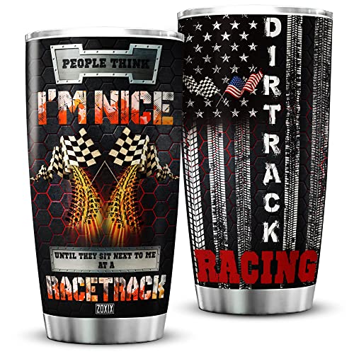 ZOXIX Dirt Track Racing Tumbler With Lid 20oz Funny Quote Coffee Mug For Motorsport Lovers Stainless Steel Cup Novelty Motor Racer Gifts For Men American Flag Patriotic Gift