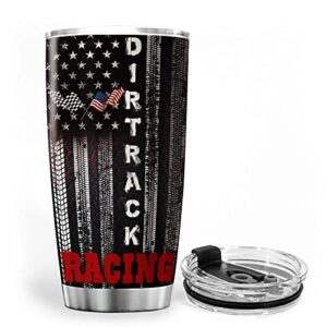 ZOXIX Dirt Track Racing Tumbler With Lid 20oz Funny Quote Coffee Mug For Motorsport Lovers Stainless Steel Cup Novelty Motor Racer Gifts For Men American Flag Patriotic Gift