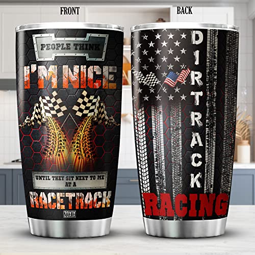 ZOXIX Dirt Track Racing Tumbler With Lid 20oz Funny Quote Coffee Mug For Motorsport Lovers Stainless Steel Cup Novelty Motor Racer Gifts For Men American Flag Patriotic Gift