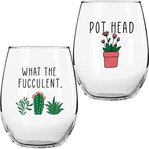 succulent plant cactus gifts for women- set of 2 funny wine glasses 15oz – plant lover gift mug – what the fucculent- pot head crazy – plant lady wine glass tumbler – custom stemless wine glasses