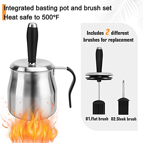 WEQUALITY 32oz Basting Pot with 2 Replaceable Basting Brush Set，Grill BBQ Accessories，Cooking&Grilling Gifts for Men and Dad，Premium Stainless Steel 304 Barbecue Sauce Pot