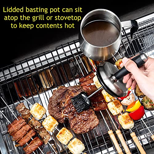 WEQUALITY 32oz Basting Pot with 2 Replaceable Basting Brush Set，Grill BBQ Accessories，Cooking&Grilling Gifts for Men and Dad，Premium Stainless Steel 304 Barbecue Sauce Pot