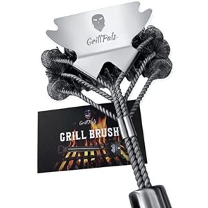 GrillPals Grill Brush & Scraper - Featured On ABC Morning News - BBQ Brush for Grill Cleaning - Stainless Steel Brush and Handle w/ Extra Wide Grill Scraper - Bottle Opener Included