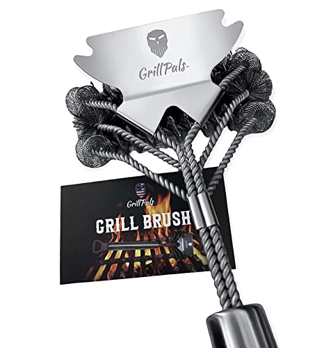 GrillPals Grill Brush & Scraper - Featured On ABC Morning News - BBQ Brush for Grill Cleaning - Stainless Steel Brush and Handle w/ Extra Wide Grill Scraper - Bottle Opener Included