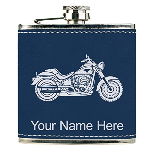 Faux Leather Flask, Motorcycle, Personalized Engraving Included (Dark Blue)