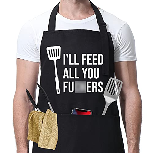 Miracu Funny Aprons for Men, Women - I'll Feed All You - Dad Gifts, Gifts for Men - Fathers Day, Mothers Day, Birthday Gifts for Dad, Mom, Wife, Husband, Boyfriend - Cooking Grilling BBQ Chef Apron