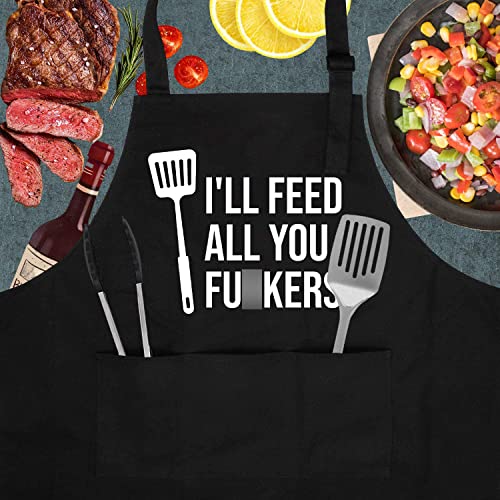 Miracu Funny Aprons for Men, Women - I'll Feed All You - Dad Gifts, Gifts for Men - Fathers Day, Mothers Day, Birthday Gifts for Dad, Mom, Wife, Husband, Boyfriend - Cooking Grilling BBQ Chef Apron