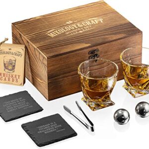 Mixology Glass & Whiskey Stones Set – Two 10oz Glasses w/ 2 Stainless Steel Balls Wooden Box - Bourbon Gifts for Men, Dad, Husband, Boyfriend, Groomsmen, Birthday Ideas﻿