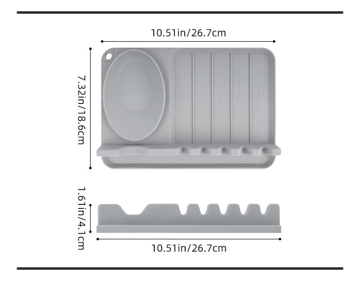 Keppa Silicone Spoon Rest, Utensil Holder, Gray, With Drip Pad for Multiple Utensils, Heat Resistant, 10.51x7.32 inches