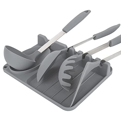 Keppa Silicone Spoon Rest, Utensil Holder, Gray, With Drip Pad for Multiple Utensils, Heat Resistant, 10.51x7.32 inches