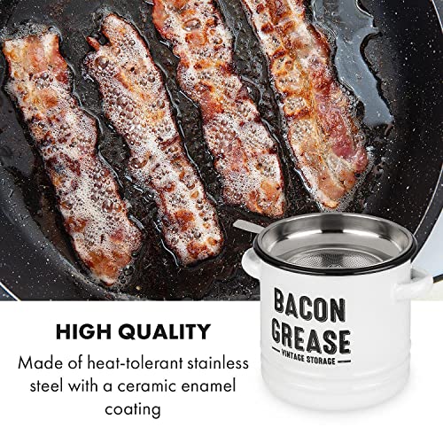 Granrosi Bacon Grease Container with Strainer, Cooking Oil Container, Bacon Grease Strainer, Cooking Oil Filter Pot Stainless Steel, Grease Can for Kitchen with Strainer, Bacon Fat Container - White